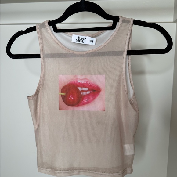 Tiger Mist | Tops | Tiger Mist Tan Sheer Crop Top With Cherry Print ...